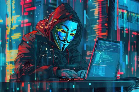 A Hacker Wearing A Mask Types Intensely On A Laptop Surrounded By Glowing Digital Data In A Dark