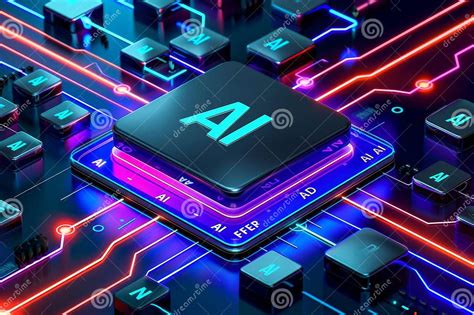 Ai Microchip With Neon Glow On Circuit Board Advanced Digital Processor Stock Illustration
