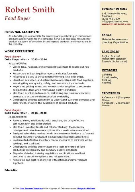 Food Buyer Resume Samples QwikResume