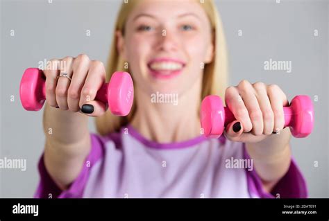 Woman Fitness Coach Exercising With Dumbbells Easy Exercises With Dumbbells Workout With