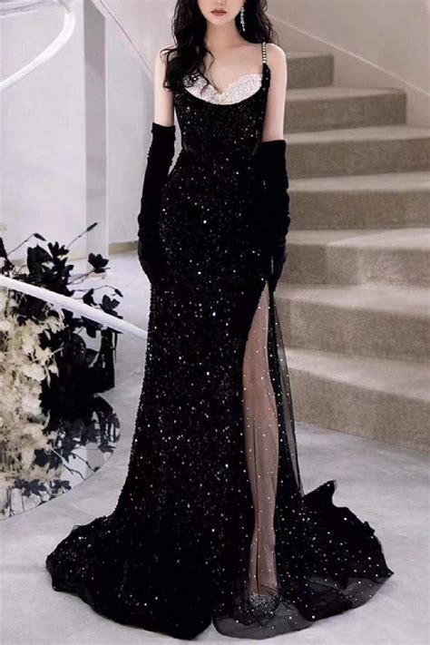 Black Mermaid Sequins Prom Dress Spaghetti Straps Sleeveless Beading P