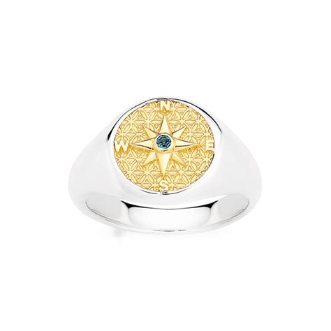 9ct Gold And Silver London Blue Topaz Compass Round Signet Gents Ring In Blue Goldmark Au