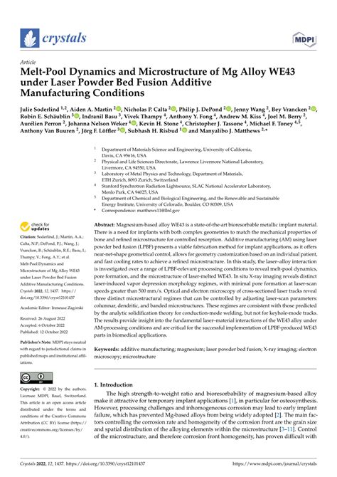 Pdf Melt Pool Dynamics And Microstructure Of Mg Alloy We43 Under Laser Powder Bed Fusion