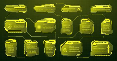 노란색 미래 지향적 Hud Ui 요소 공상 과학 사용자 인터페이스 텍스트 상자 설명선 경고 메시지 프레임 정보 상자 템플릿입니다