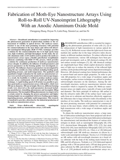 Pdf Fabrication Of Moth Eye Nanostructure Arrays Using Roll To Roll