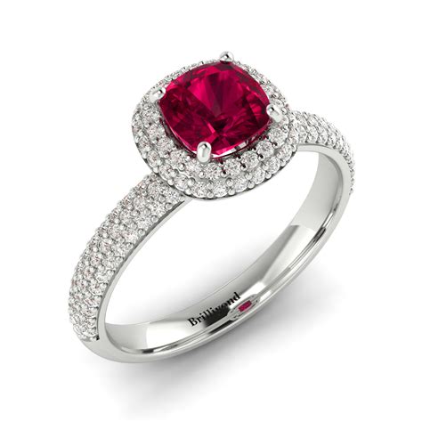 Ruby Cushion Cut Diamond Ring Set In 18k White Gold Milky Way