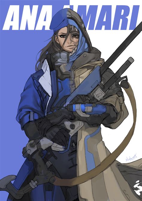 Safebooru 1girl Ana Overwatch Armor Bandages Beret Black Gloves
