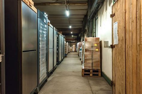 industrial refrigerators and packages storing in warehouse corridor