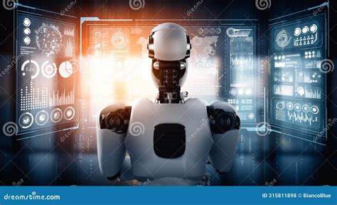 Mlb Thinking Ai Humanoid Robot Analyzing Hologram Screen Showing