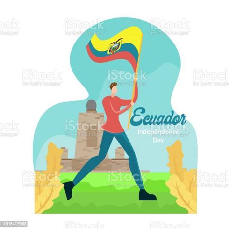 미타드 델 문도 근처에서 에콰도르 국기를 흔들고 있는 남자 에콰도르에 대한 스톡 벡터 아트 및 기타 이미지 에콰도르