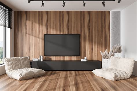 안락의자 서랍 Tv 화면 파노라마 창문이 있는 세련된 차가운 인테리어 0명에 대한 스톡 사진 및 기타 이미지 0명 3차원