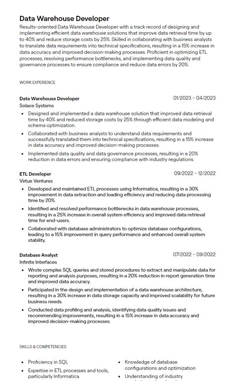 2 data warehouse developer resume examples [with free templates]