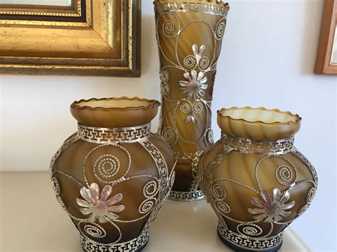 Vintage Amber Glass Vases Silver Filigree Overlay Art Glass Etsy