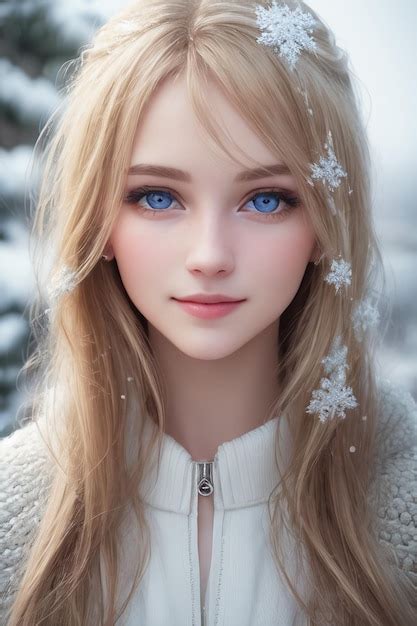 Una Chica Con Ojos Azules Y Un Copo De Nieve En El Cabello Foto Premium