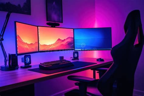 High Tech Dual Monitor Setup For An Efficient Home Office With Professional Lighting And