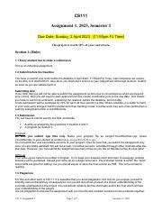 CS111 Assign 1 2023 Pdf CS111 Assignment 1 2023 Semester 1 Due Date Sunday 2 April 2023 11