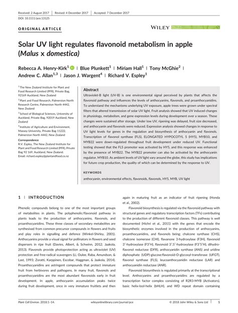 Pdf Solar Uv Light Regulates Flavonoid Metabolism In Apple Malus X