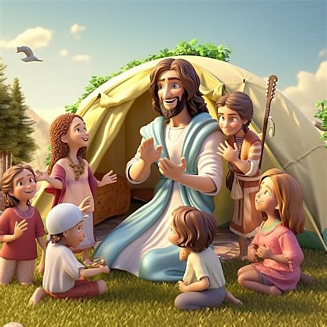 Desenhos Da Bíblia Em 3d De Jesus Com Crianças Céu Alegria Doce