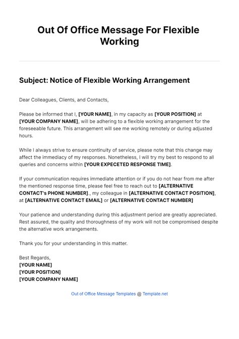 Free Out Of Office Message For Flexible Working Template To Edit Online