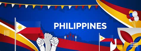 Philippines Wide Banner With Raised Hands And Abstract Shapes In The Colors Of The Philippine