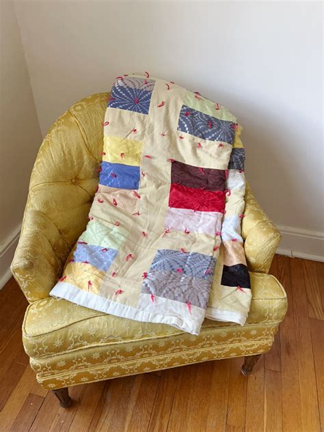 Vintage Block Quilt Rectangular Block Multi Colored Patchwork Pale Yellow Background Neutral