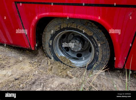 Kharkiv Ukraine August 2019 Bus Wheel Is Bogged Down In Sand Red