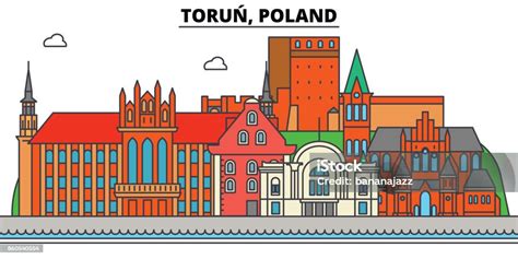 폴란드 토 룬입니다 도시 스카이 라인 건축 건물 거리 실루엣 풍경 파노라마 랜드마크 편집 가능한 스트로크입니다 평면 디자인 라인 벡터 일러스트 레이 션 개념입니다 격리 된