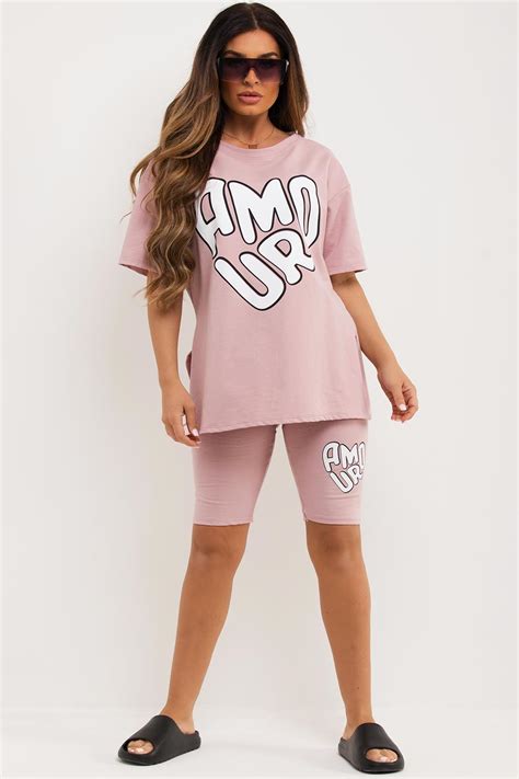 Womens Cycling Shorts And T Shirt Co Ord With Amour Slogan Pink