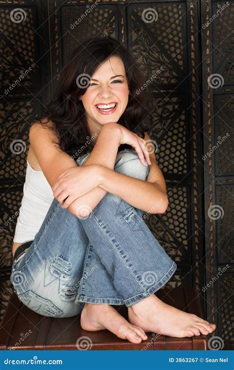 Young Brunette Woman Stock Image Image Of Denim Feet 3863267