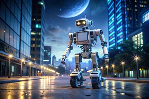 Autonomous Night Patrol Robot In Modern Cityscape Surrounded By Glowing