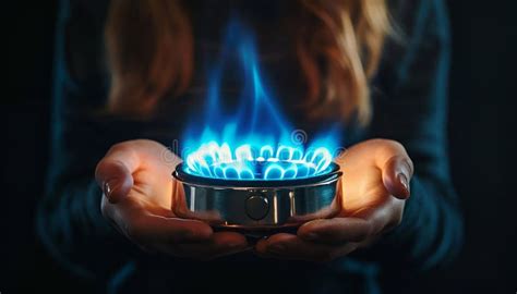 Woman Holding Gas Burner With Blue Flame On Black Background Closeup