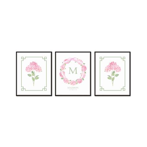 Personalized Watercolor Pink Hydrangea Print Set Chinoiserie Decor Custom Art Print New Home