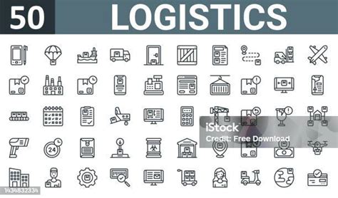 Pda 소포 화물선 배달 트럭 문 배달 상자 보고서 프리젠 테이션 다이어그램 웹 디자인 모바일 앱을위한 벡터 얇은 아이콘 목록과 같은 50 개의 개요 웹 물류 아이콘 세트