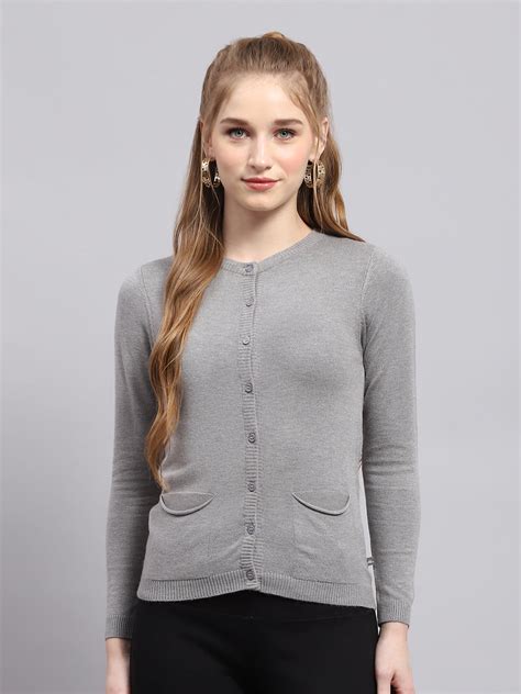 Buy Women Grey Solid Round Neck Full Sleeve Cardigan Online In India