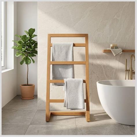 Patented Sula Angled Teak Towel Stand Modern Freestanding Teak Wood
