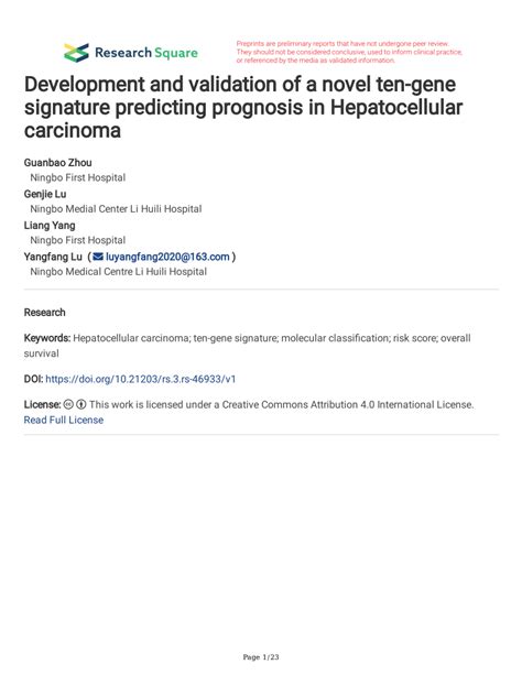 Pdf Development And Validation Of A Novel Ten Gene Signature Predicting Prognosis In