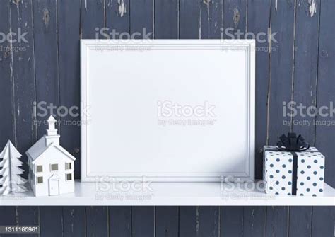흰색 광택 선반과 짙은 파란색 빈티지 나무 벽에 크리스마스 장식싱글 8x10 수평 화이트 프레임 모형 0명에 대한 스톡 사진 및