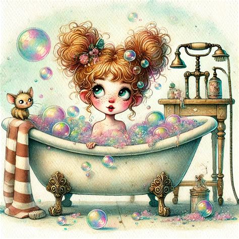 Bath Time Whimsical Bathtub Art Quirky Girl Illustration Pastel