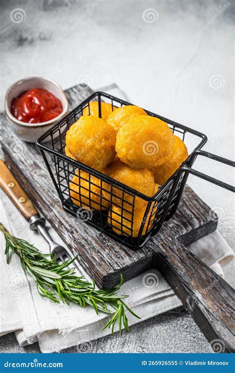 Fried Potato Cheese Balls Croquettes With Tomato Ketchup Served In A