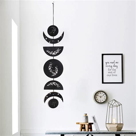 Hotiary Black Wooden Moon Phase Hanging Rustic Boho Wall Decor Moon