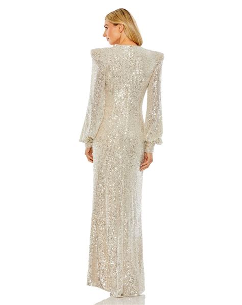 Nude Silver Mac Duggal 26722 Long Sleeve Sequin Evening Formal Dress
