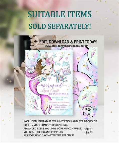 Editable Mermaid Birthday Invitation Mermaid Unicorn Magical Etsy