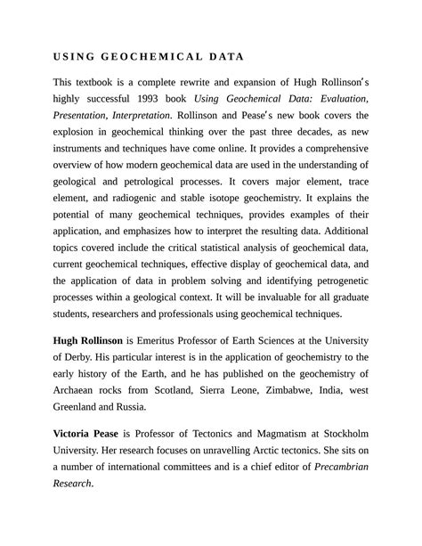 Solution Using Geochemical Data To Understand Geological Processes Hugh Rollinson Victoria