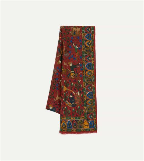 Red Mughal Hunter Print Wool Silk Scarf Drakes