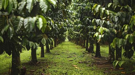 a row of trees with green leaves and a grassy field in between