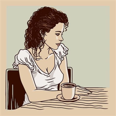 Premium Vector A Young Beautiful Curly Brunette Girl Sits In A Cafe