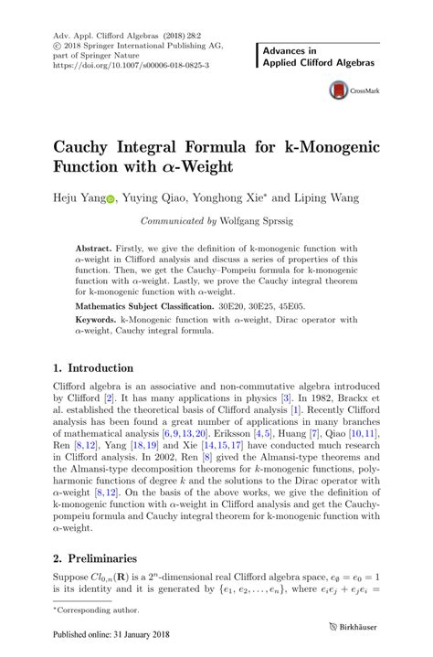Pdf A New Cauchy Integral Formula In The Complex Clifford Analysis