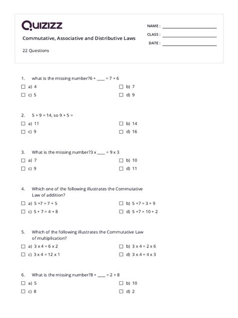 Commutative Associative And Distributive Laws Print Quizizz Pdf Elementary Mathematics