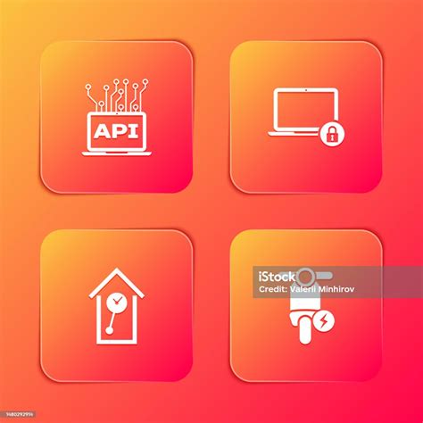 set computer api interface laptop and lock retro wall watch and