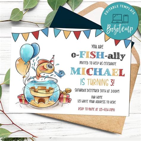 Fishbowl Birthday Invitation Customizable Template DIY Bobotemp